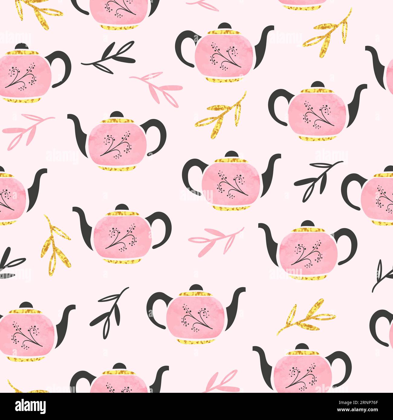 Seamless watercolor pink teapot pattern. Vector tea background Stock ...