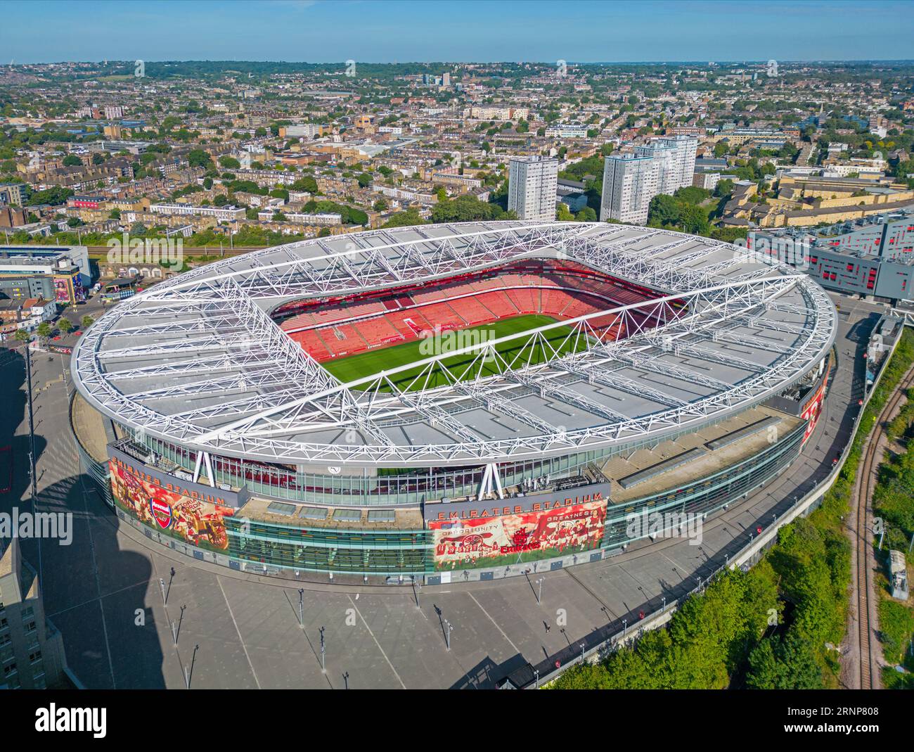 London. United Kingdom. 08/16/2023 Aerial image of The Emirates Stadium ...