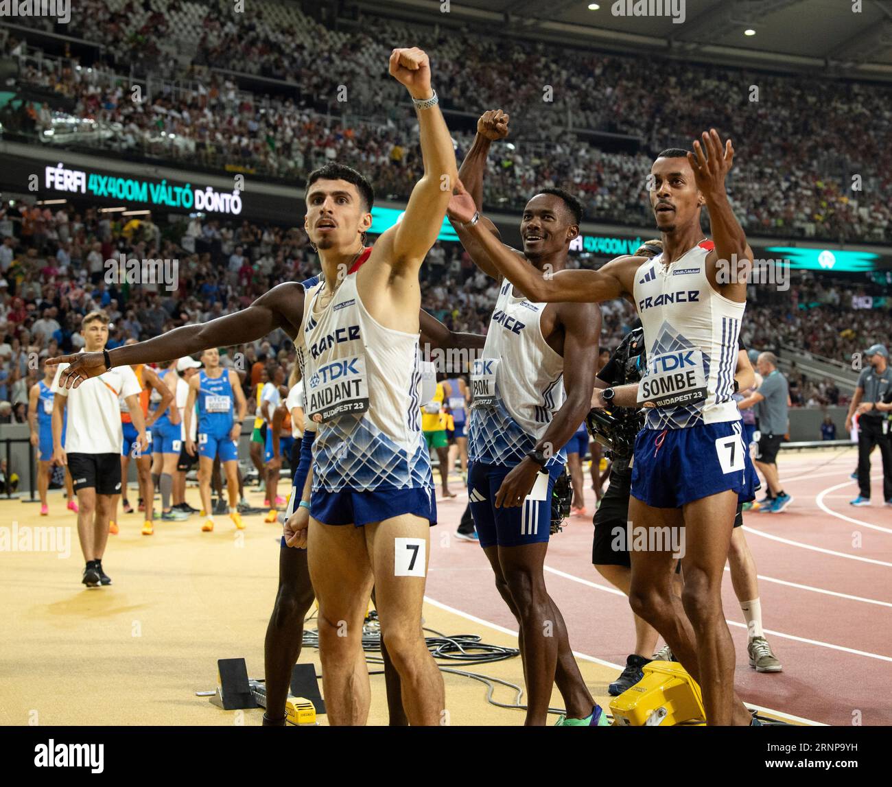 Team france men celebrate after competing in the 4x400m relay final on ...