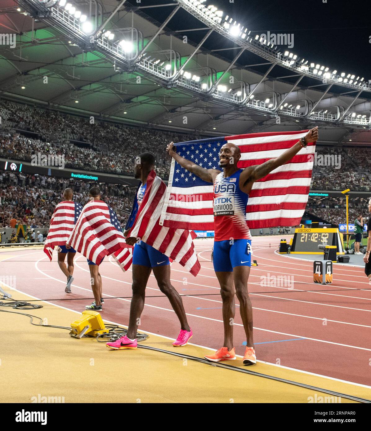 Team USA celebrate after competing in the men’s 4x400m relay final on ...