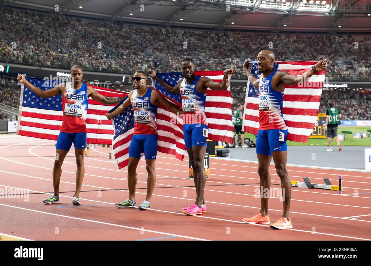 Team USA celebrate after competing in the men’s 4x400m relay final on ...