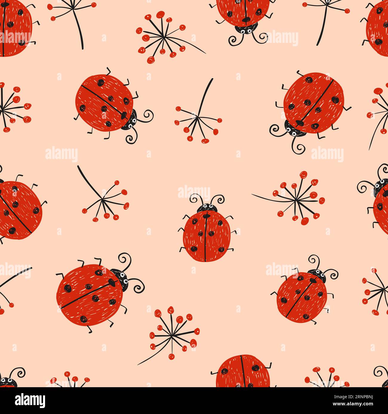 Ladybugs seamless pattern. Cute ladybirds and branches on pink ...