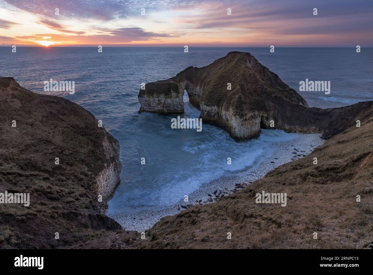 Chalk sea arch at High Stacks, Flamborough Head, East Yorkshire, UK ...