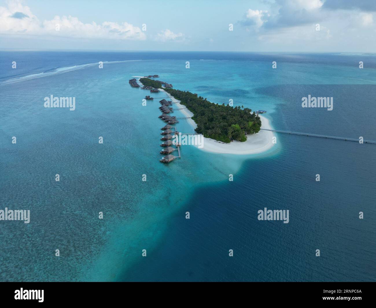 An aerial view of Conrad Maldives Rangali Island with bungalows Stock ...
