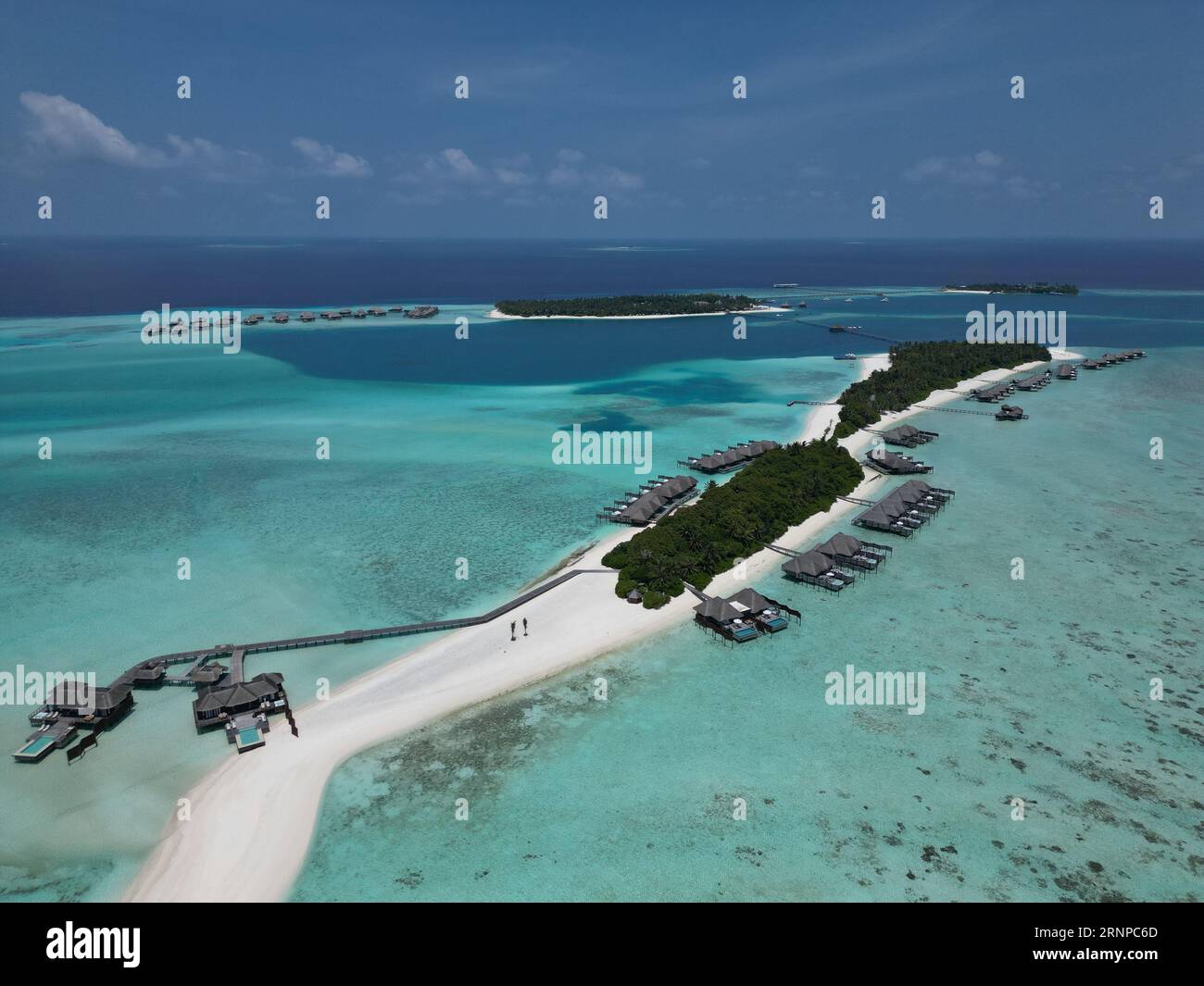 An aerial view of Conrad Maldives Rangali Island with bungalows Stock ...