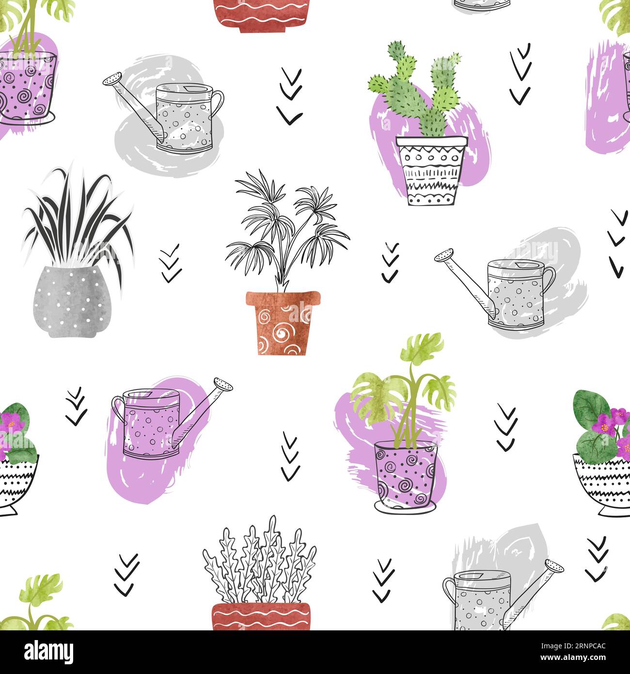 Seamless pattern with watercolor plants in the pots. House plants ...