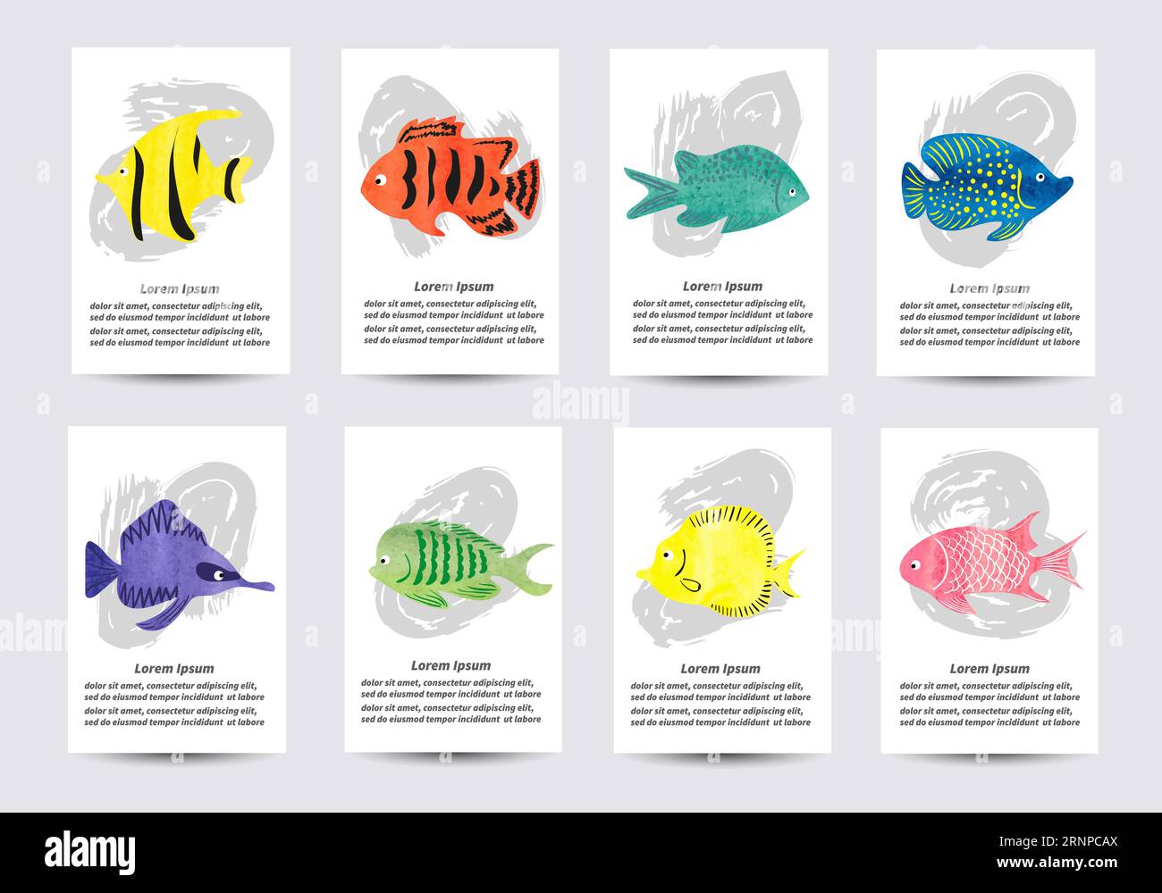 Set of watercolor tropical fish. Collection of card templates for ...