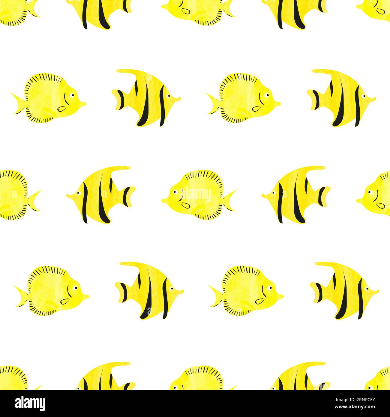 Watercolor fish seamless pattern. Yellow tropical fish isolated on ...