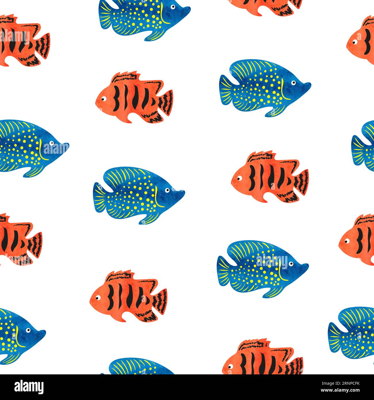 Watercolor tropical fish seamless pattern. Vector background with ...