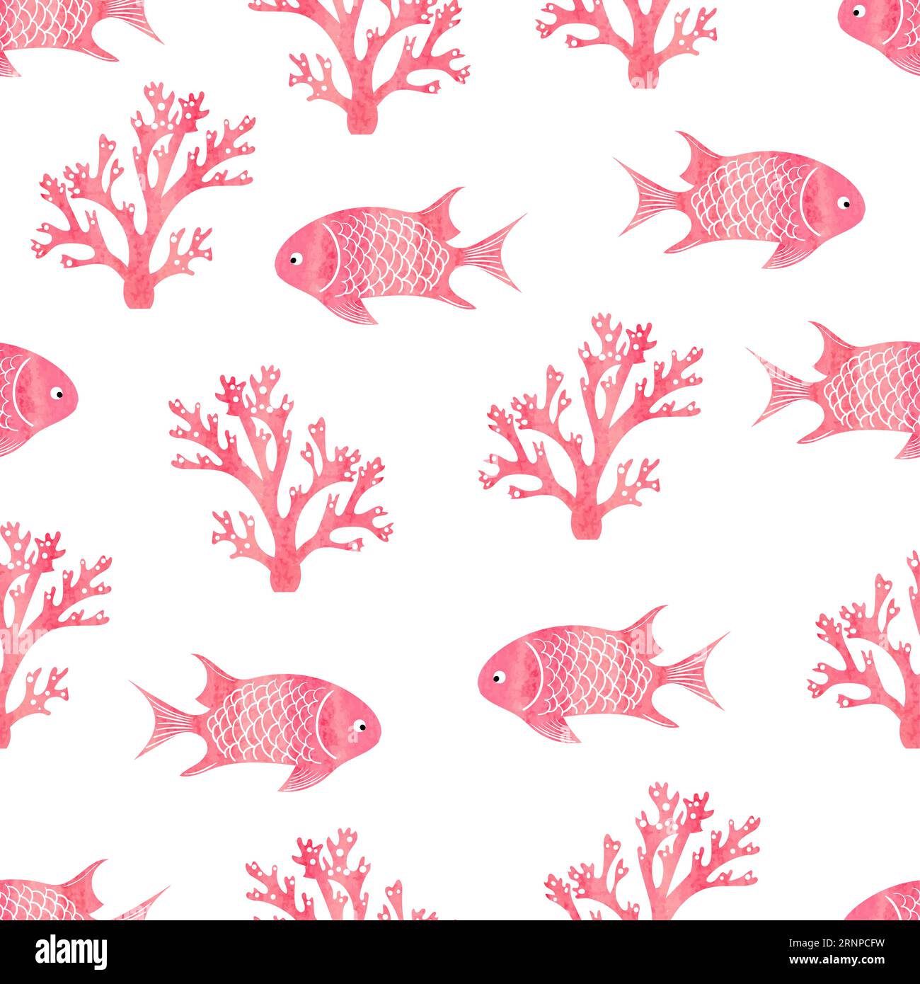 Watercolor seamless pattern with fish and corals. Pink vector ...