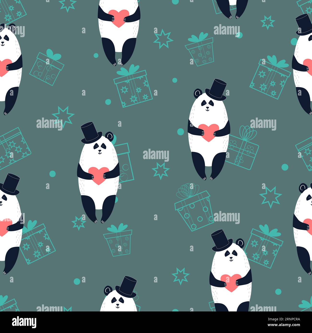 Seamless pattern with cute panda bears holding hearts. Romantic vector ...