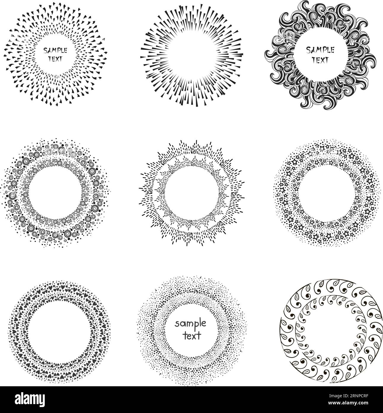 Set of hand drawn round frames. Collection of black round decorative elements isolated on white ...