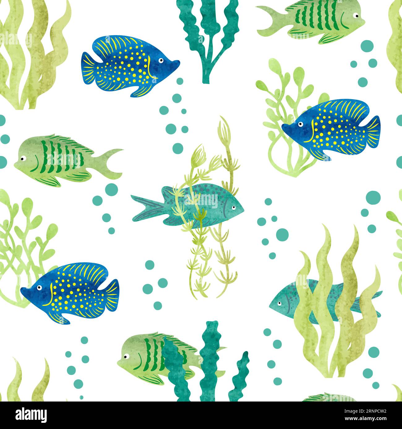 Watercolor fish seamless pattern. Tropical fish and seaweeds on white ...
