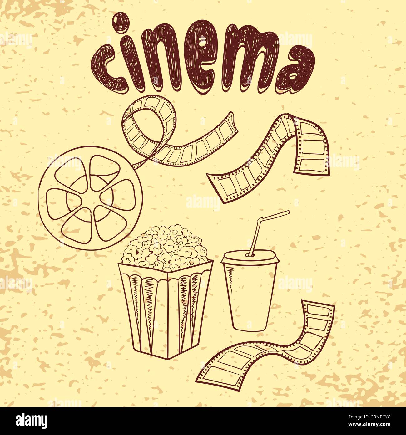 Doodle cinema symbols - popcorn, film strip and reel. Sketch vector illustration in vintage ...