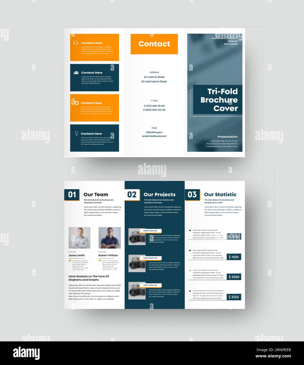 Vector trifold template, brochure cover with realistic shadows on white ...