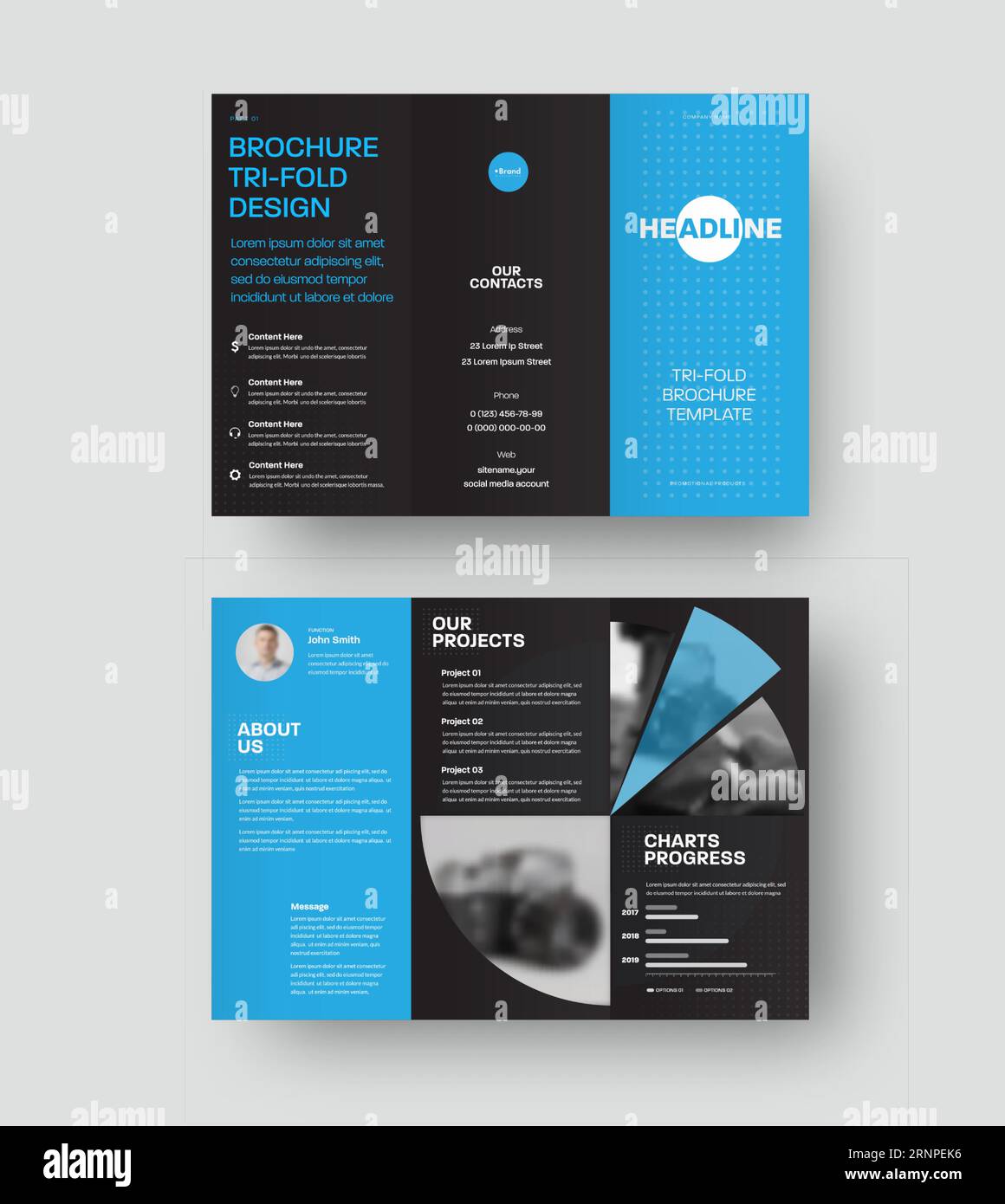 Vector trifold template with round blue design, leaflet isolated on ...