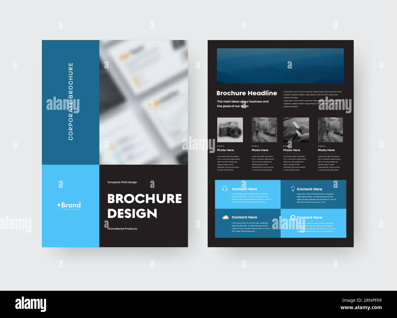 Vector brochure template with blue square design on black background ...