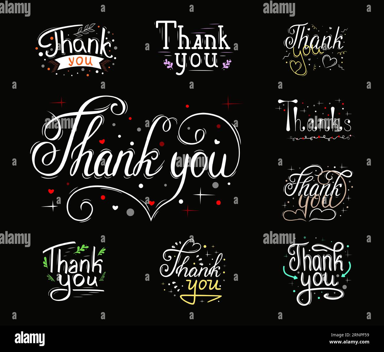 Vector illustration with the words thank you, with colored decor ...