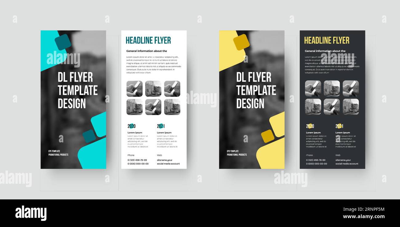 Vector dl flyer template with turquoise, yellow squares on black, white ...
