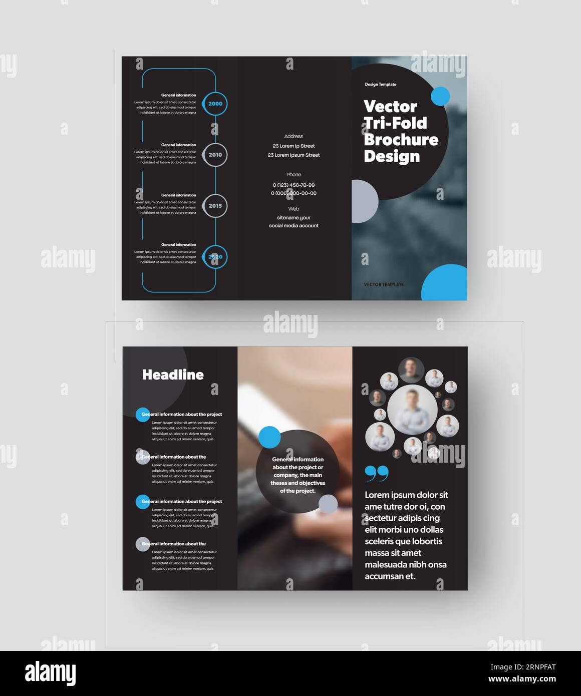 Vector trifold template with blue, gray round design elements on black ...