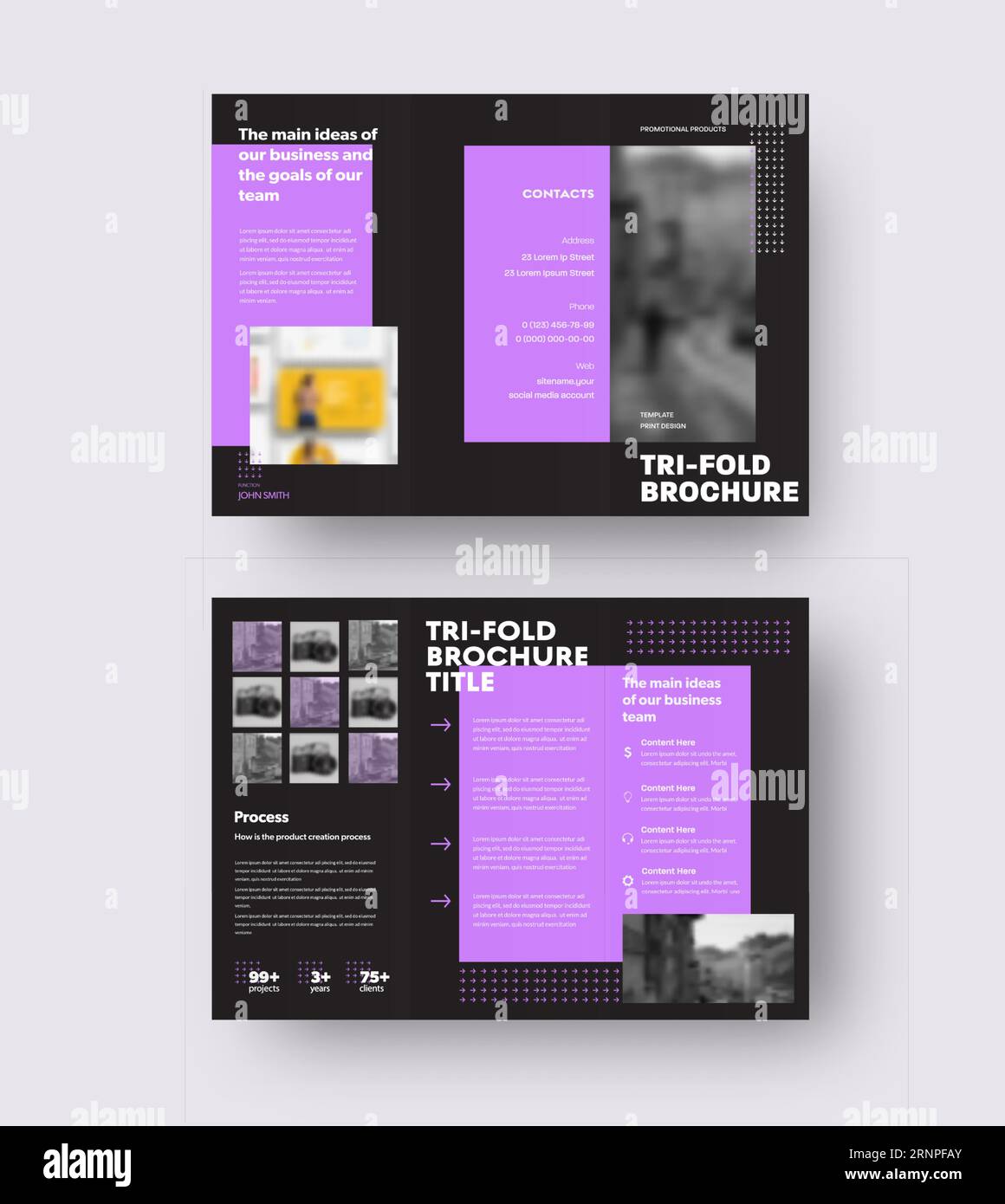 Vector brochure template with geometric purple design, arrows, trifold ...