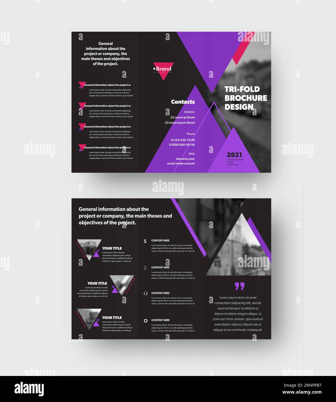 Vector Trifold brochure template with purple triangular design, with ...