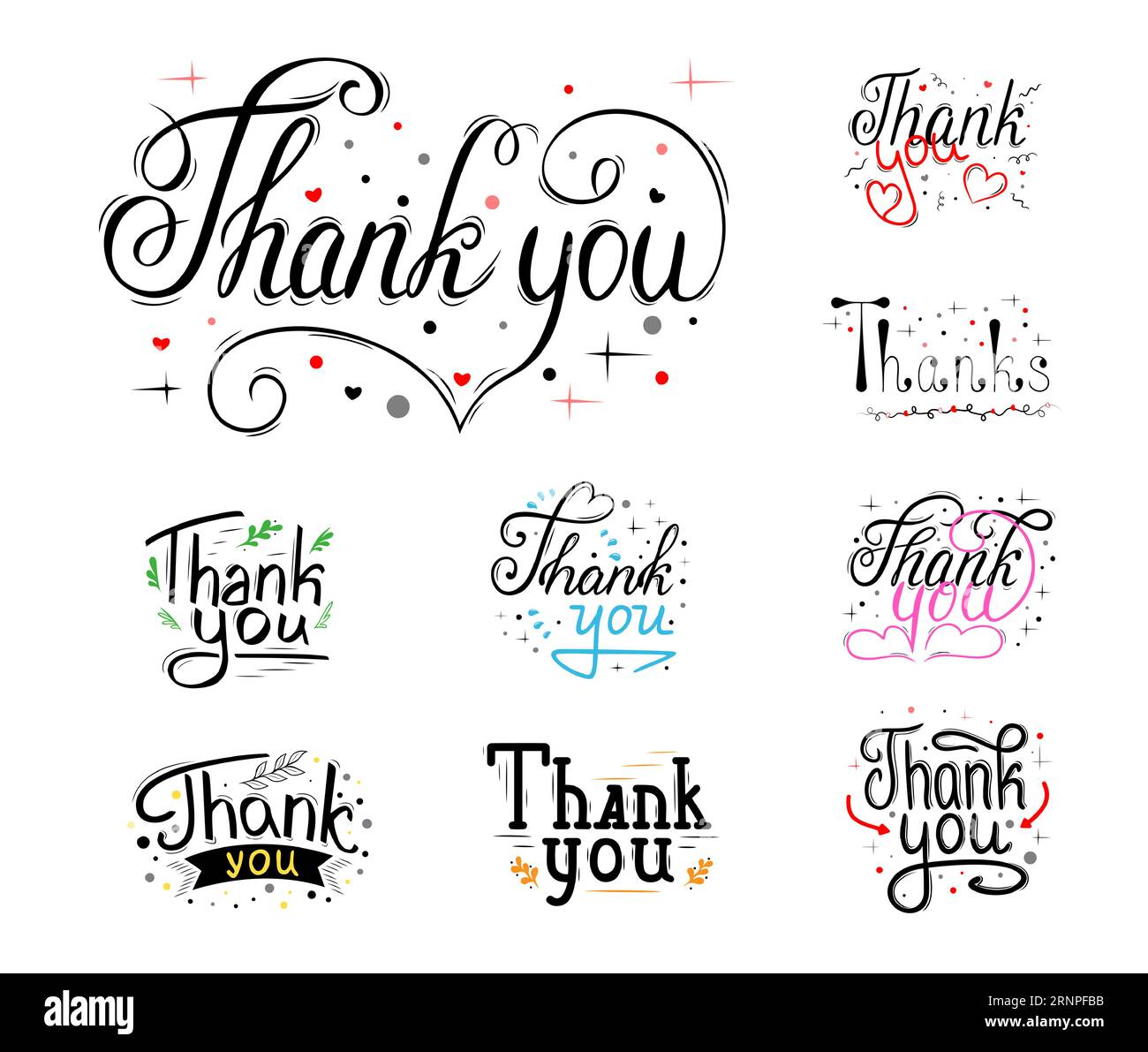 Vector illustration with handwritten letters of thanks, colorful bright ...