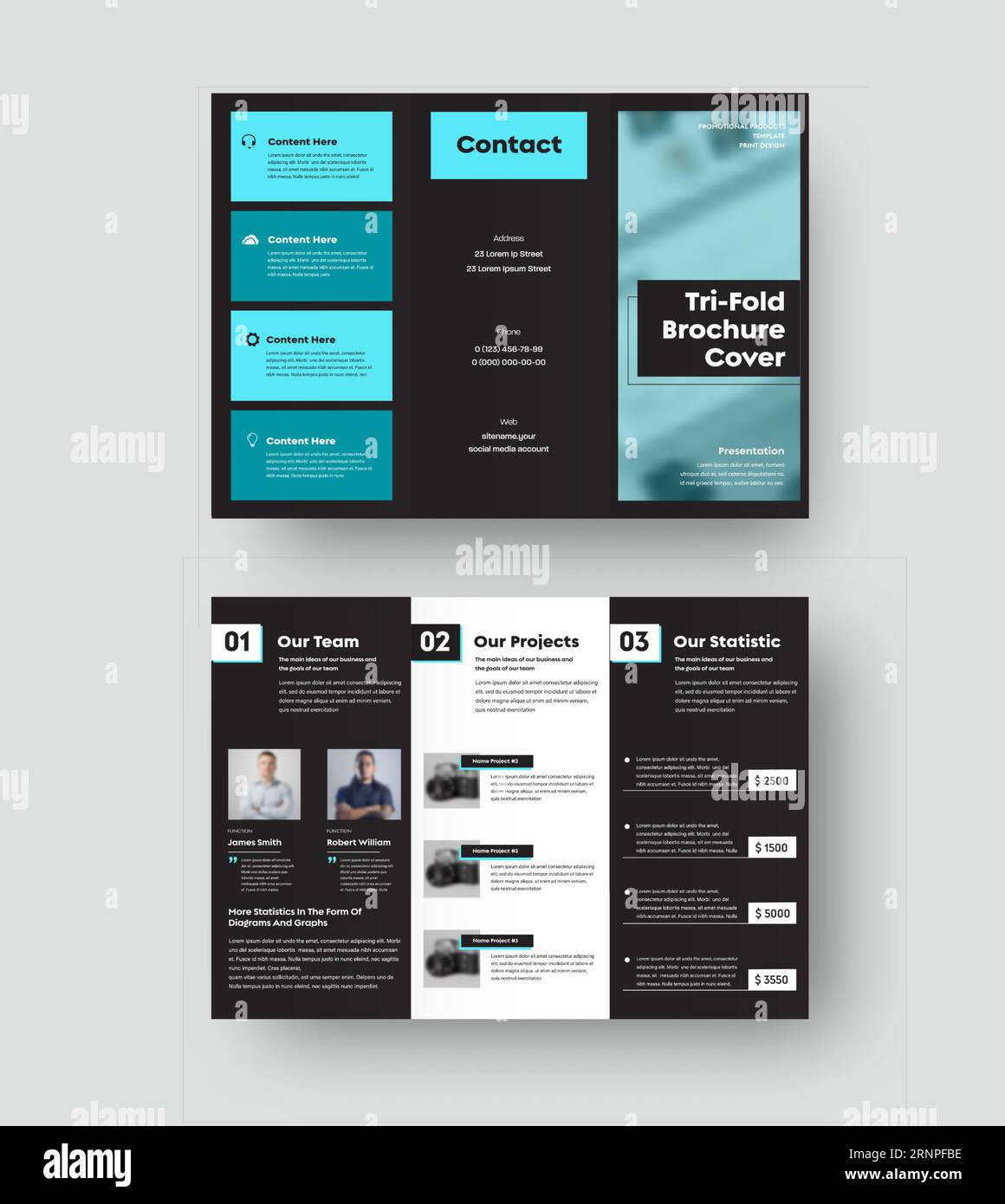 Vector trifold template, brochure cover with realistic shadows on black ...