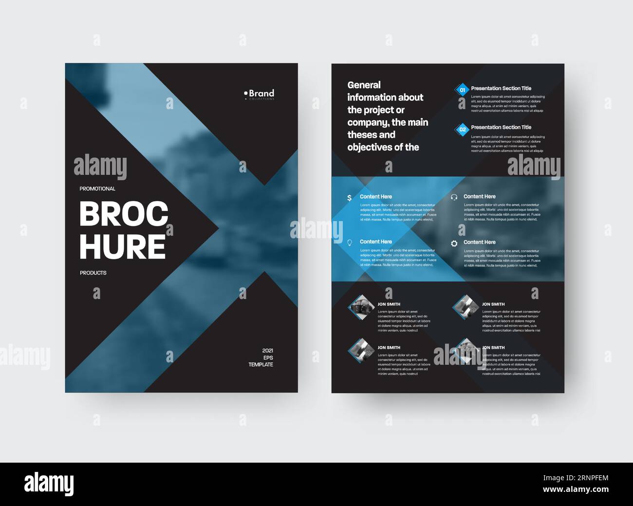 Vector brochure template with stylish design on black background, blue cross elements, place for ...