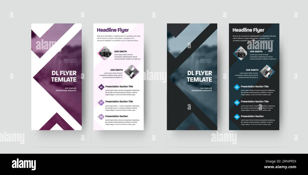 Stylish vector dl flyer template with triangular photo inserts, purple ...