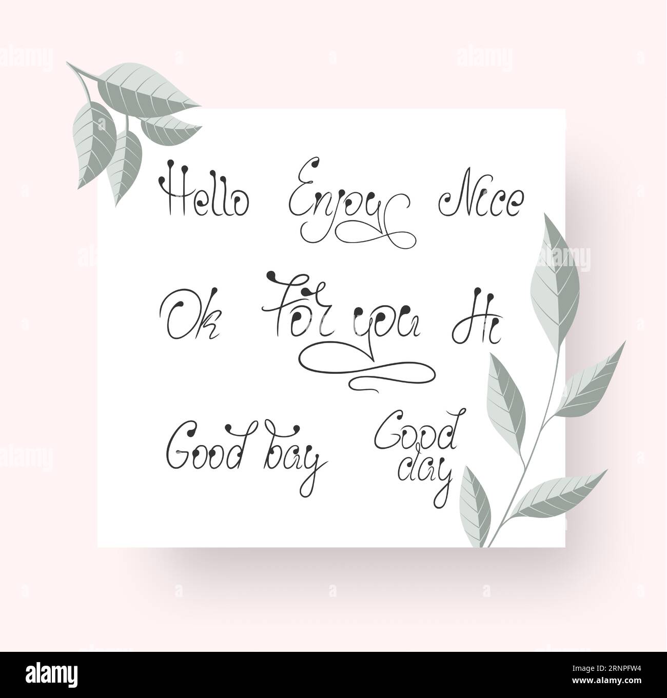 Set of vector calligraphic lettering isolated on background with leaves, twigs. Handmade ...