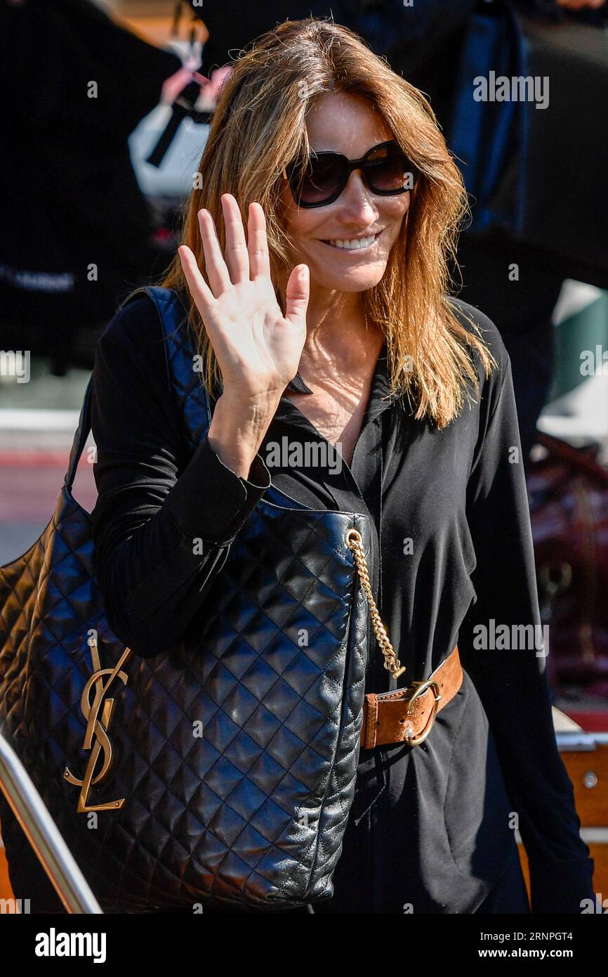 Venice, Italy. 02nd Sep, 2023. Cara Bruni arrives at the dock of the ...