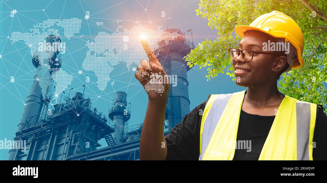 Engineer women worker happy smiling with world wide business connection ...