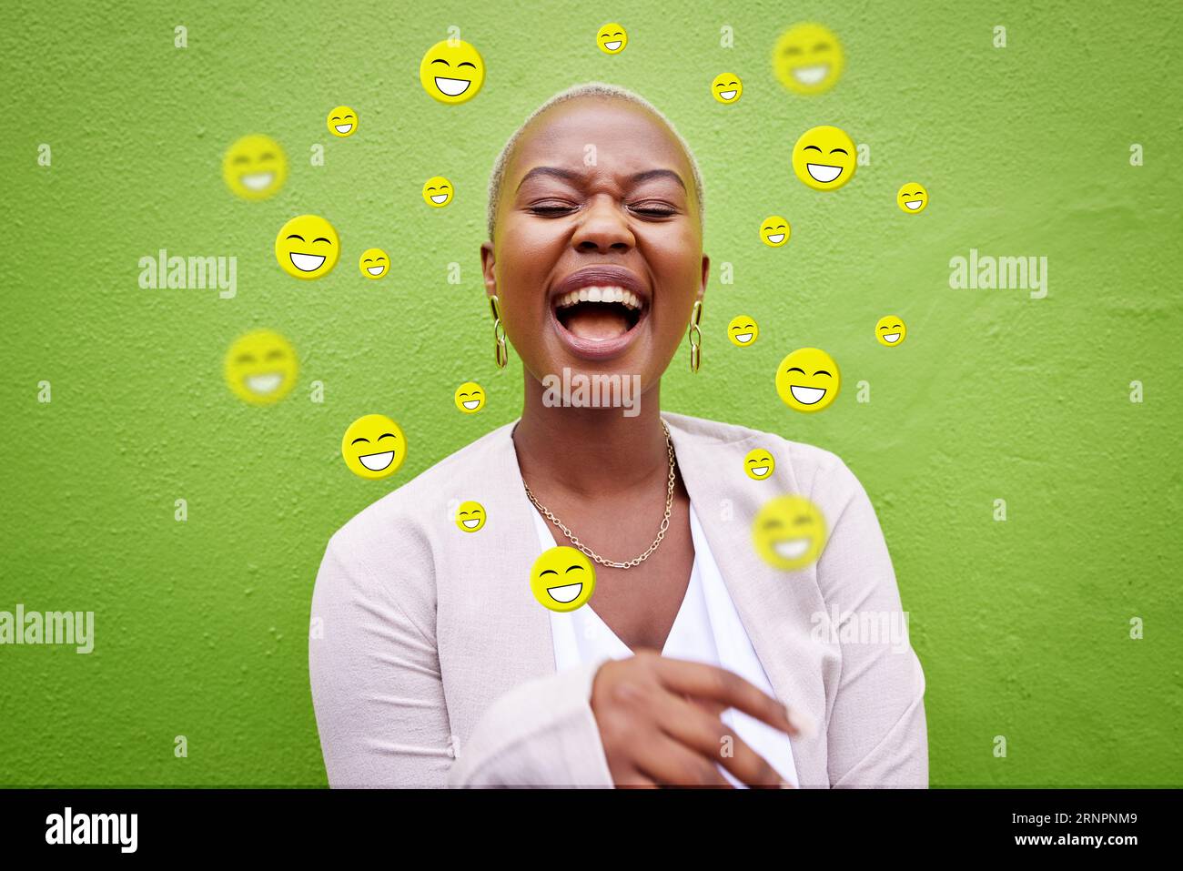 Social media, laughing and emoji icon of a woman or influencer for ...