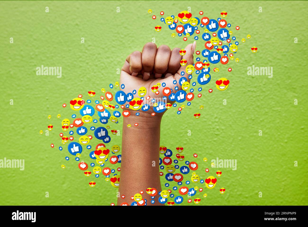 Hand, social media and emoji with a person in protest on green ...