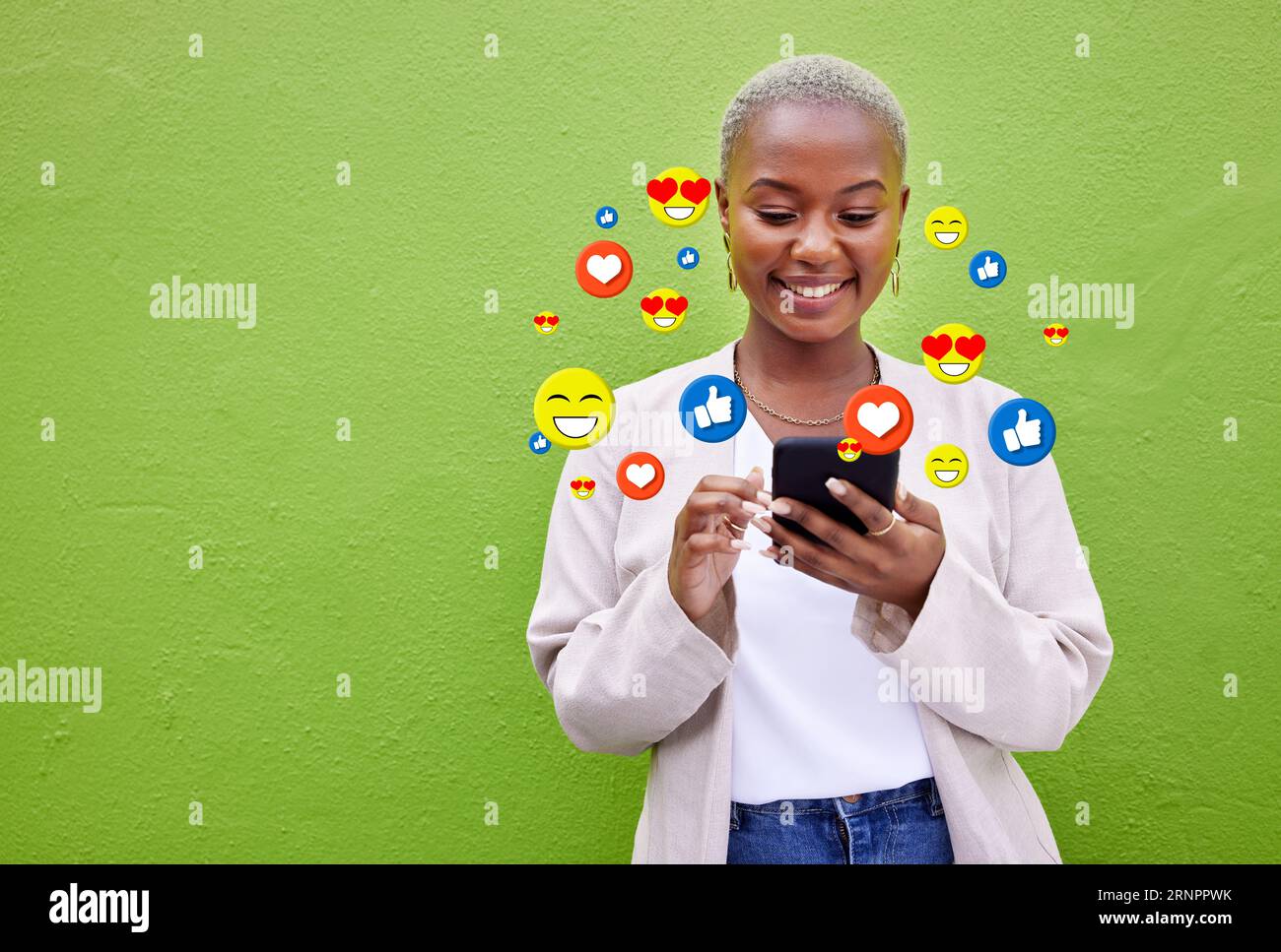 Phone icon, black woman and social media emojis of heart, thumbs up and smile for mockup ...
