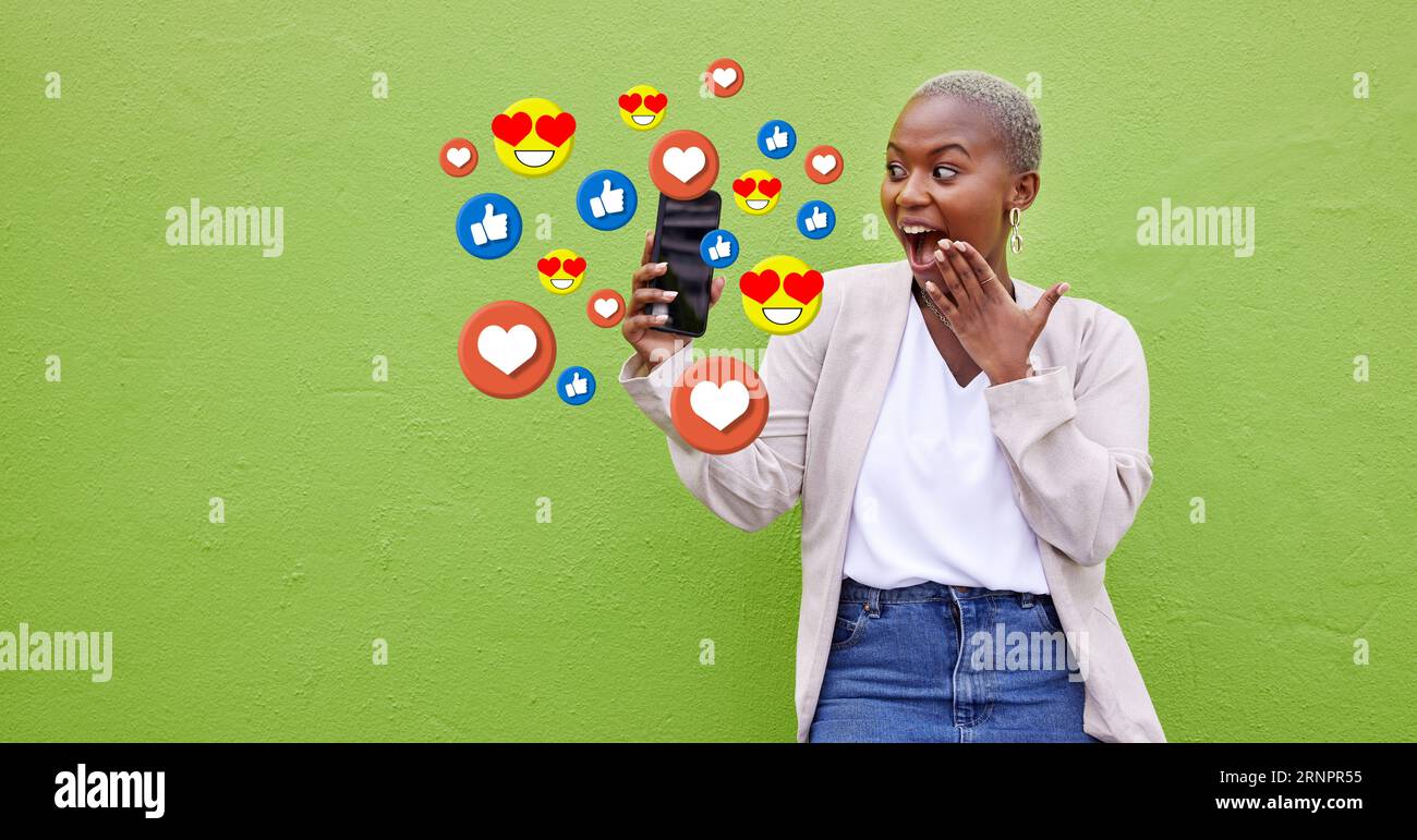 Surprise, black woman and phone icons, social media emojis and wow facial expression for online ...