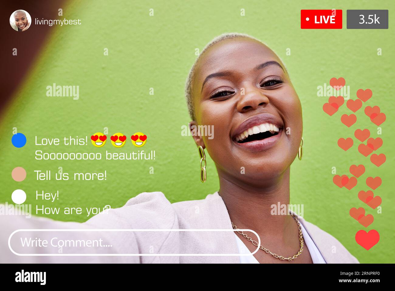 Influencer woman, live streaming and phone screen for smile, ui or ...