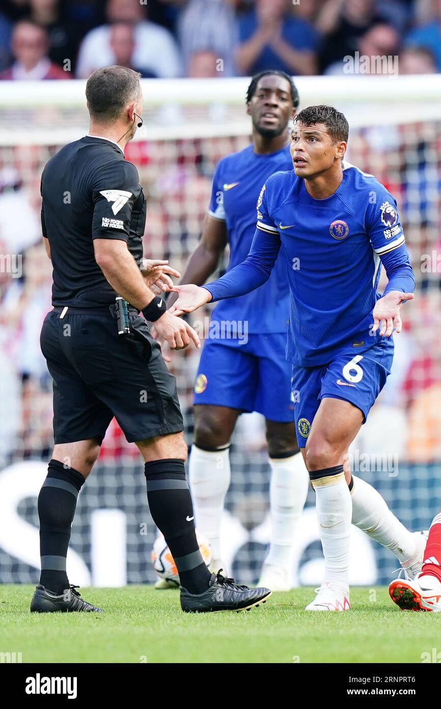 Chelsea's Thiago Silva (right) gestures at the referee during the ...