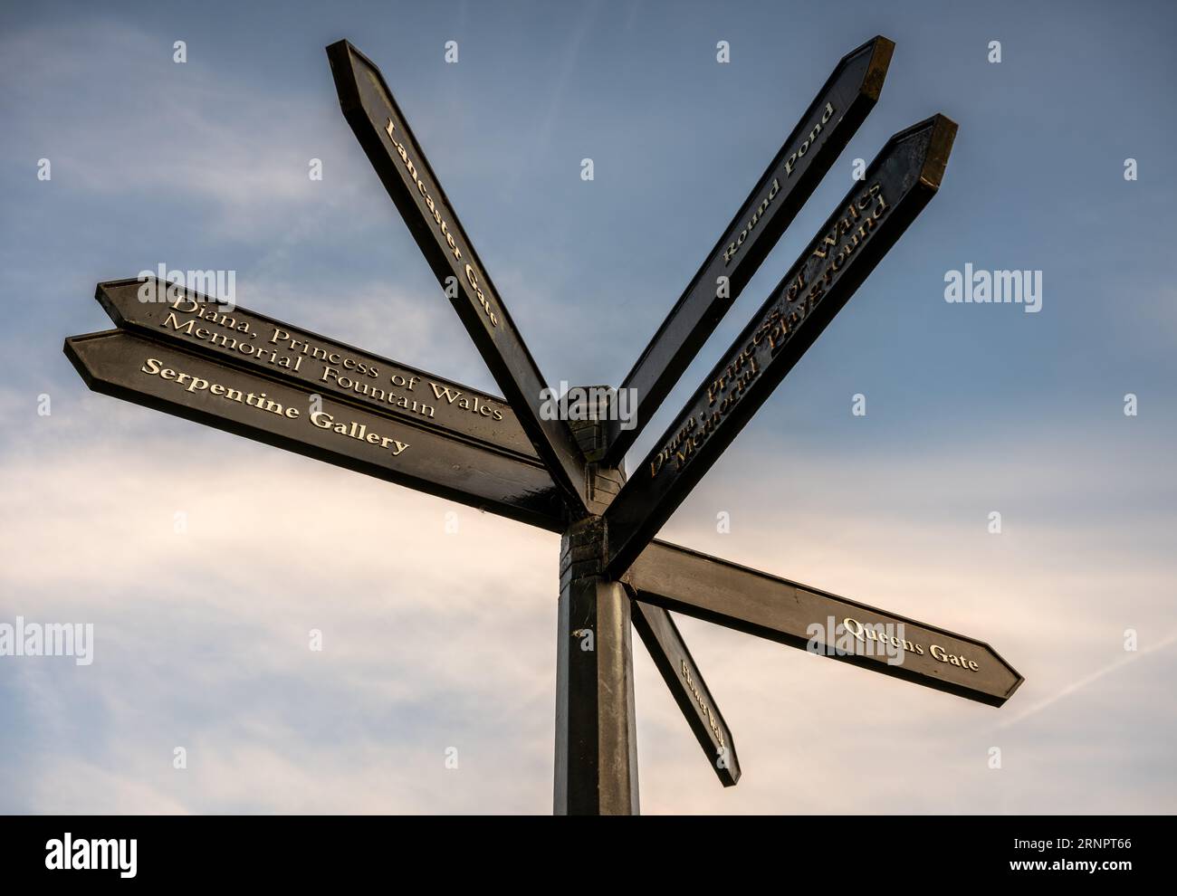 London, UK: Signpost in Kensington Gardens, London against the sky ...