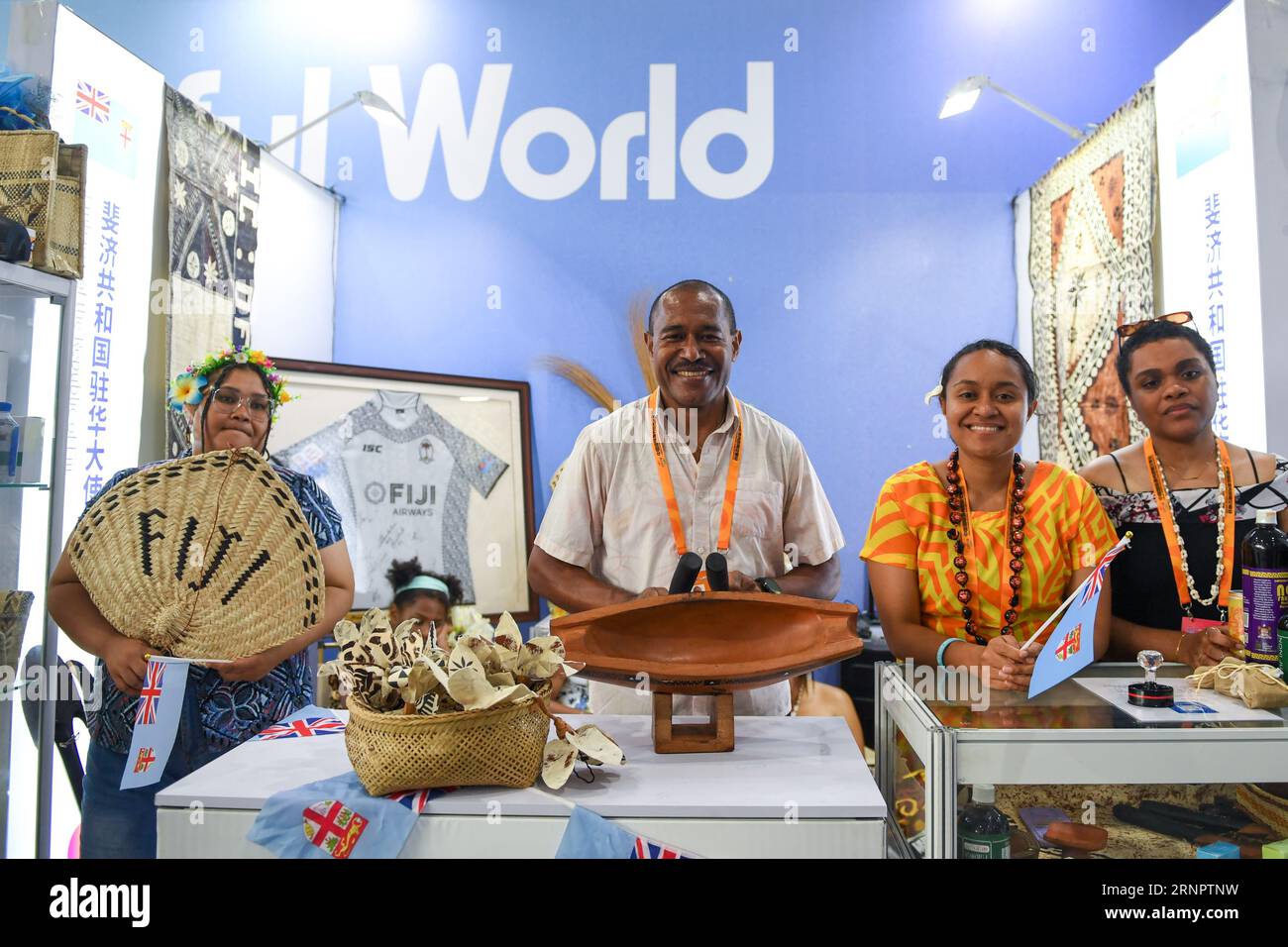 Beijing, China. 2nd Sep, 2023. Staff members display Fijian instruments ...