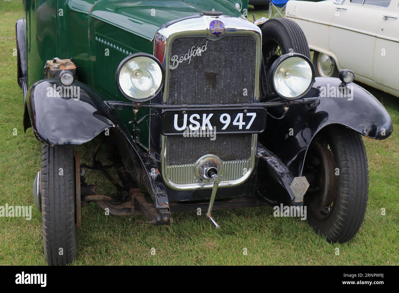 Front end of a vintage Bedford car with crank start, c1930s, on display ...