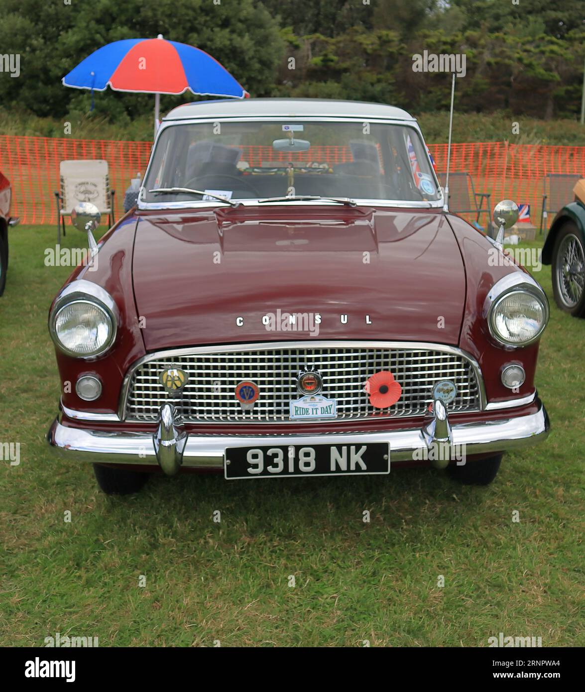 Burgundy red, c1950s Ford Consul on display at a show. The Gosport Car ...