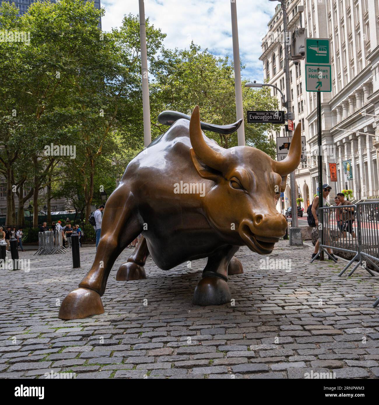 New York, USA - July 21st, 2023: The charging bull bronze sculpture, a symbol of wall street ...