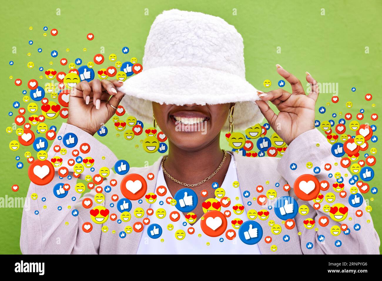 Social media, smile and emoji icon of woman influencer for like or love ...