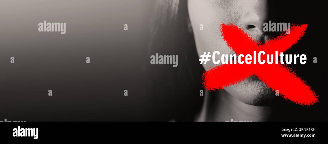 Cancel culture, overlay and cross on mouth of woman for bias, political ...