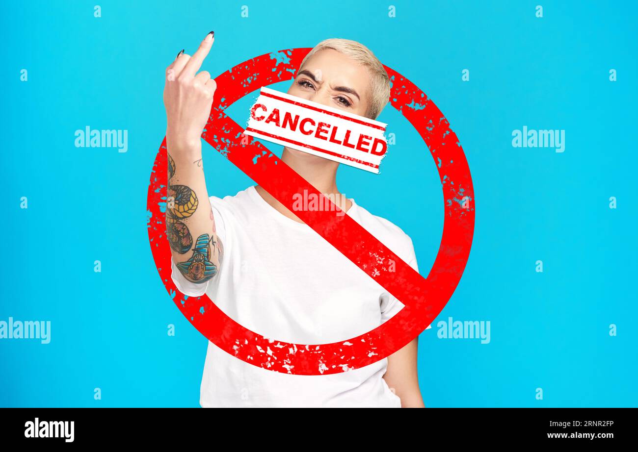 Cancel culture, angry woman and portrait of banned overlay with graphic ...