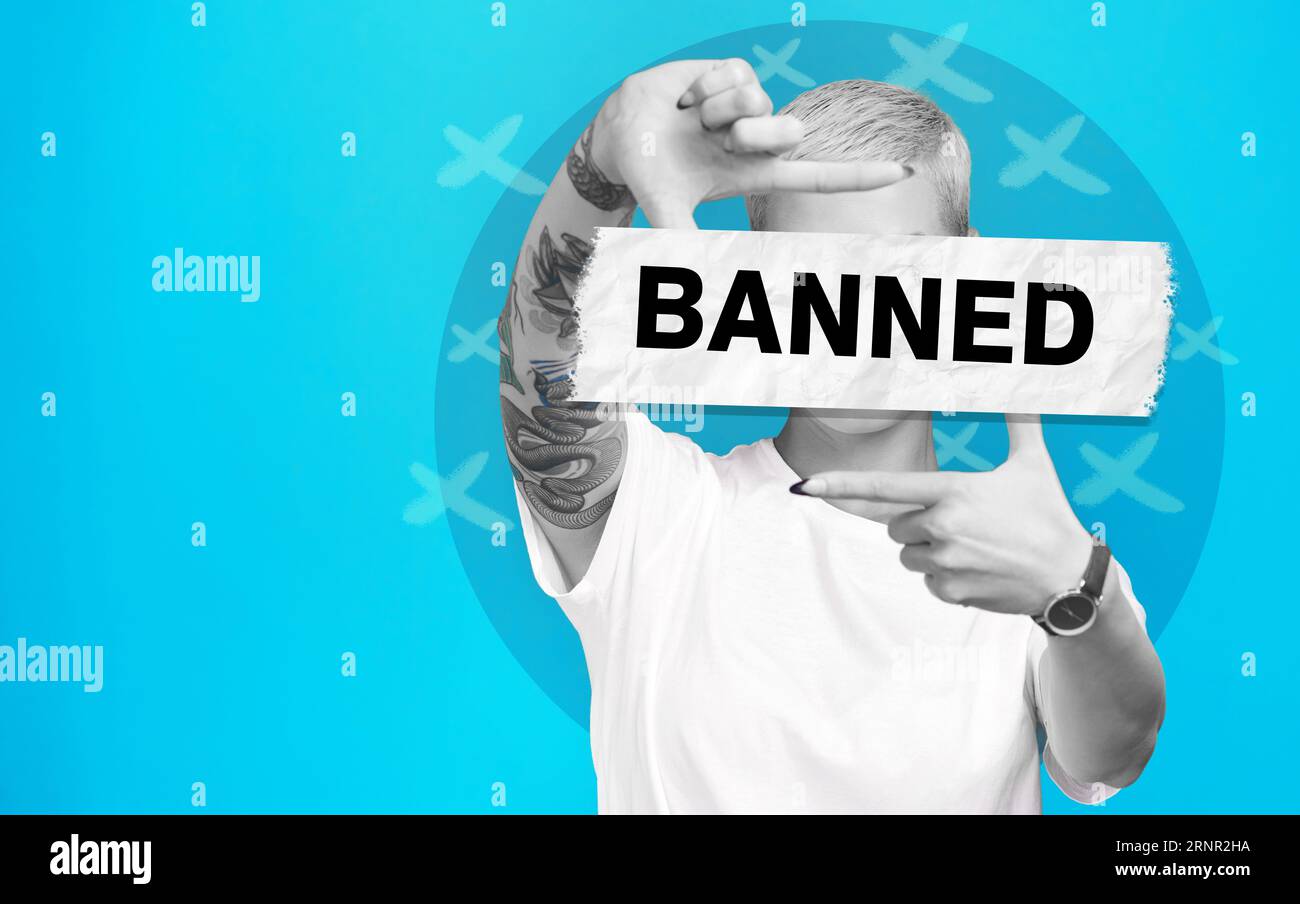 Banner, ban and face of woman with protest for social media bullying ...