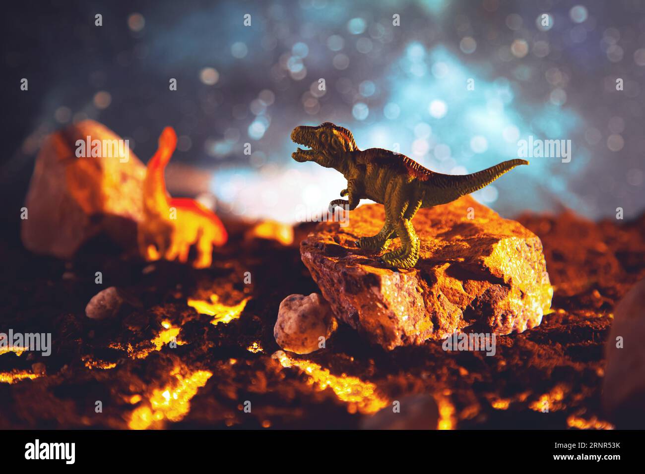 Tyrannosaurus on a stone escapes from burning lava. Creative burning ...