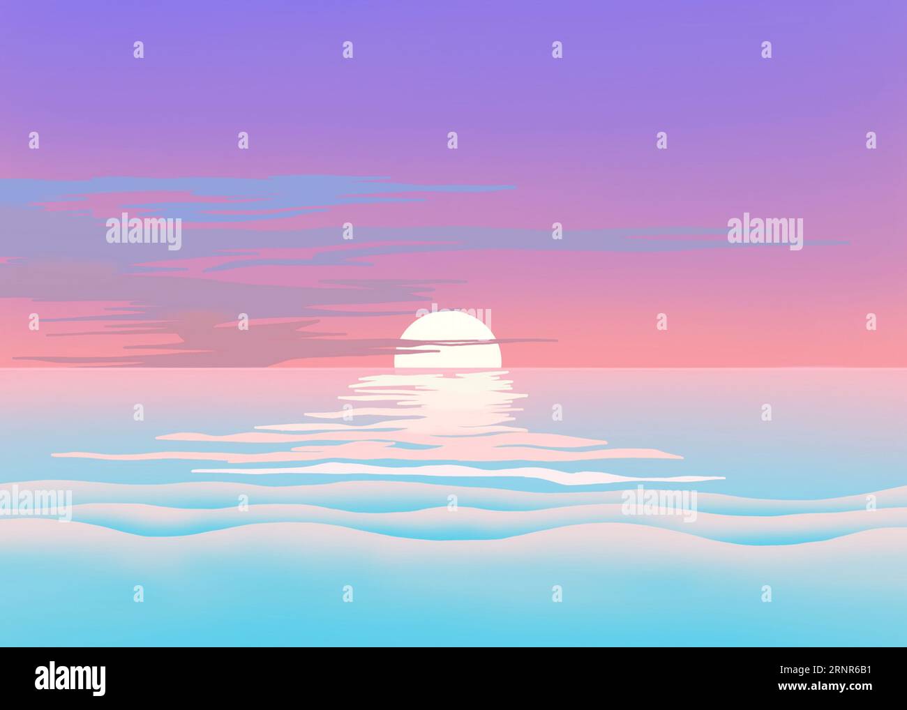 Cartoon drawing of the sun rising on the open ocean landscape format ...